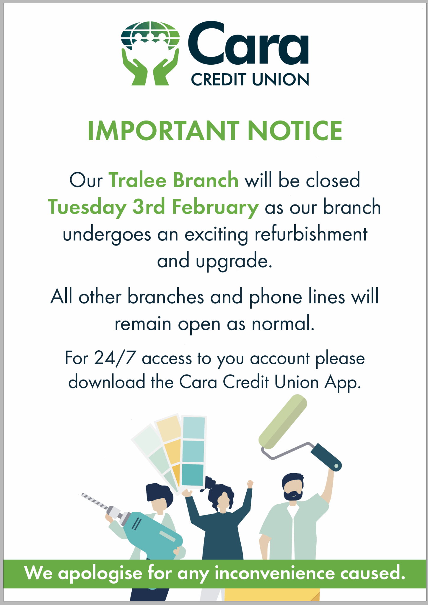 Tralee Branch will be closed on Tue, 3rd February | Cara Credit Union